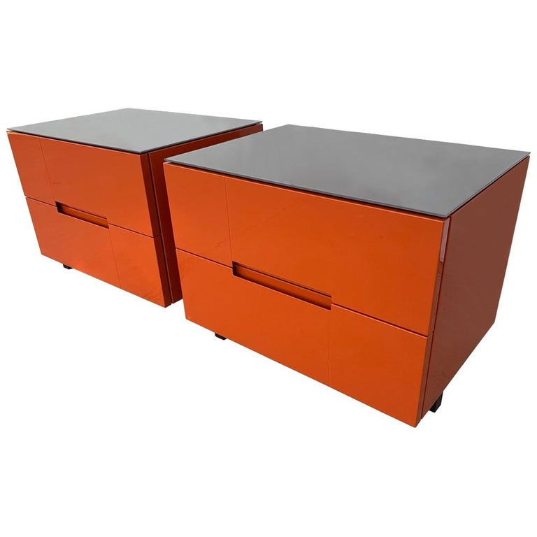 Pair of Nightstands in Orange Lacquer Finish at 1stDibs