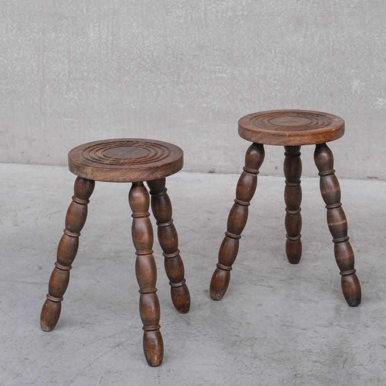 Pair of Oak French Mid-Century Bobbin Stools For Sale at 1stDibs