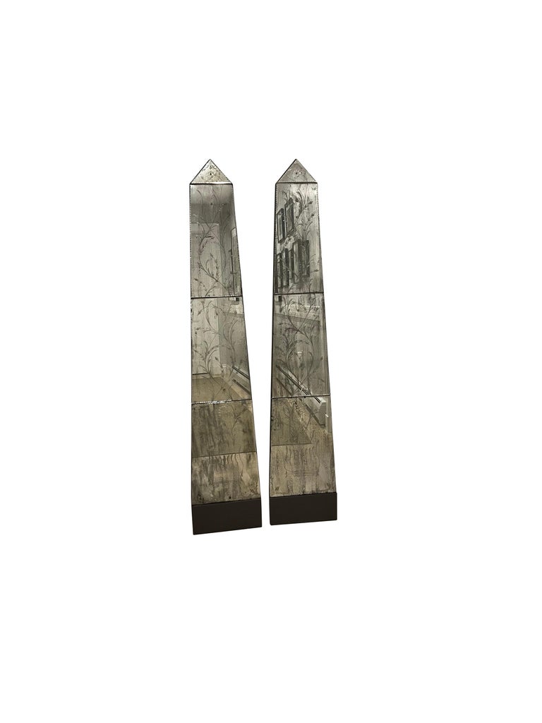 Pair of Obelisk Form Mirrored Panels with Botanical Etchings For Sale ...