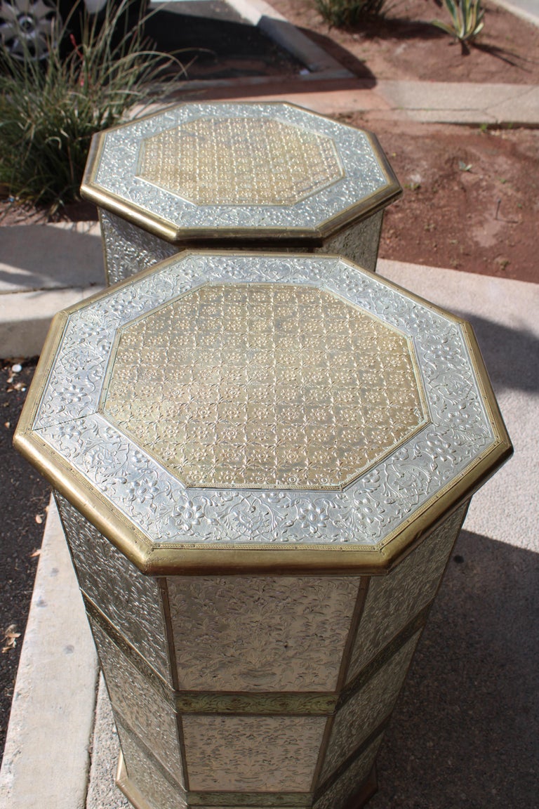 Pair of Octagonal Pedestals with Applied Brass and Tin Repoussé Panels ...