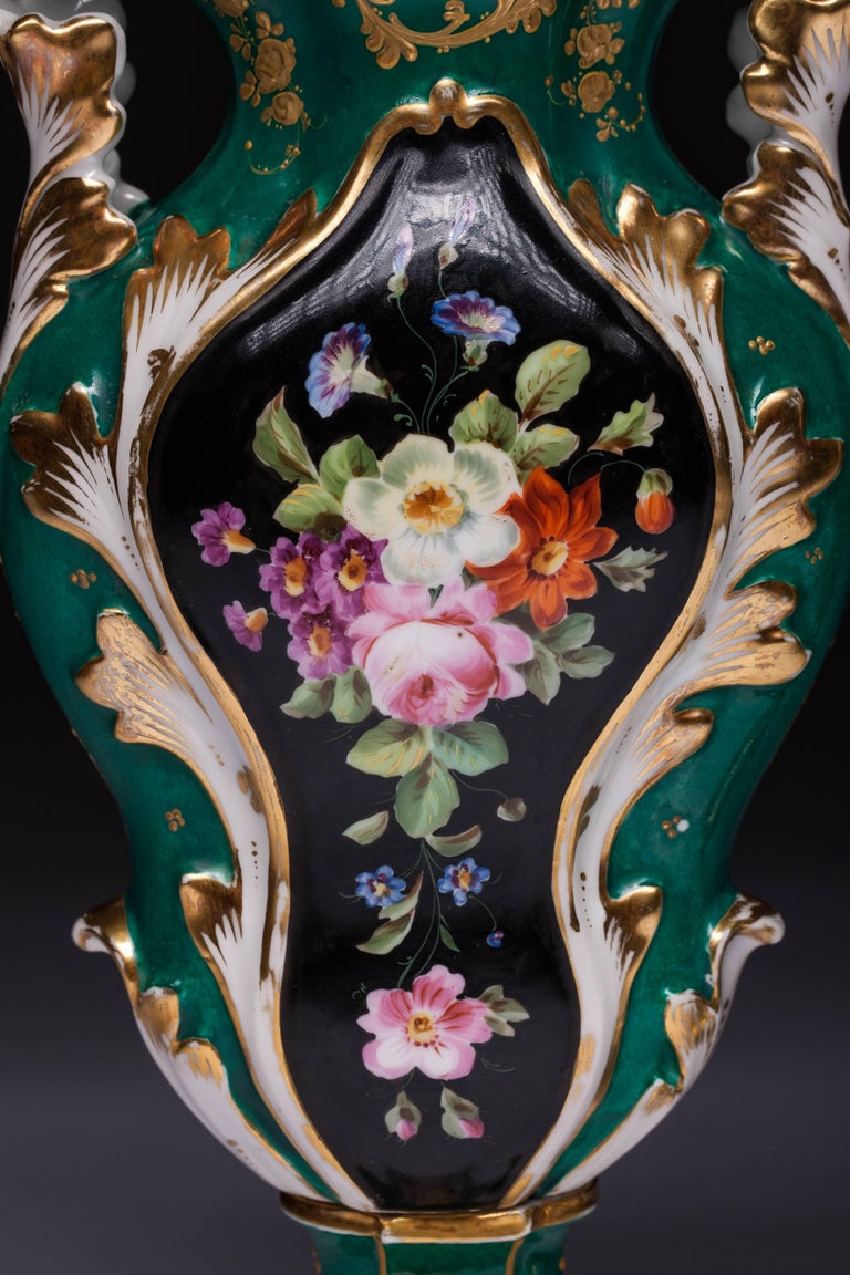 Pair of Old Paris Rococo Vases on Stands Green in Color For Sale at 1stDibs