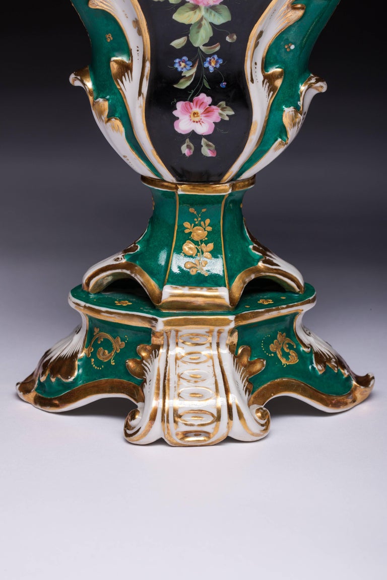 Pair of Old Paris Rococo Vases on Stands Green in Color For Sale at 1stDibs