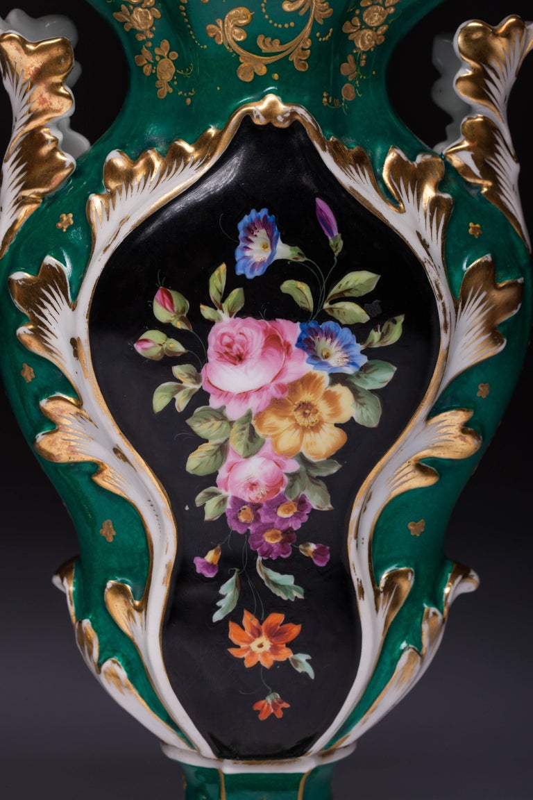 Pair of Old Paris Rococo Vases on Stands Green in Color For Sale at 1stDibs