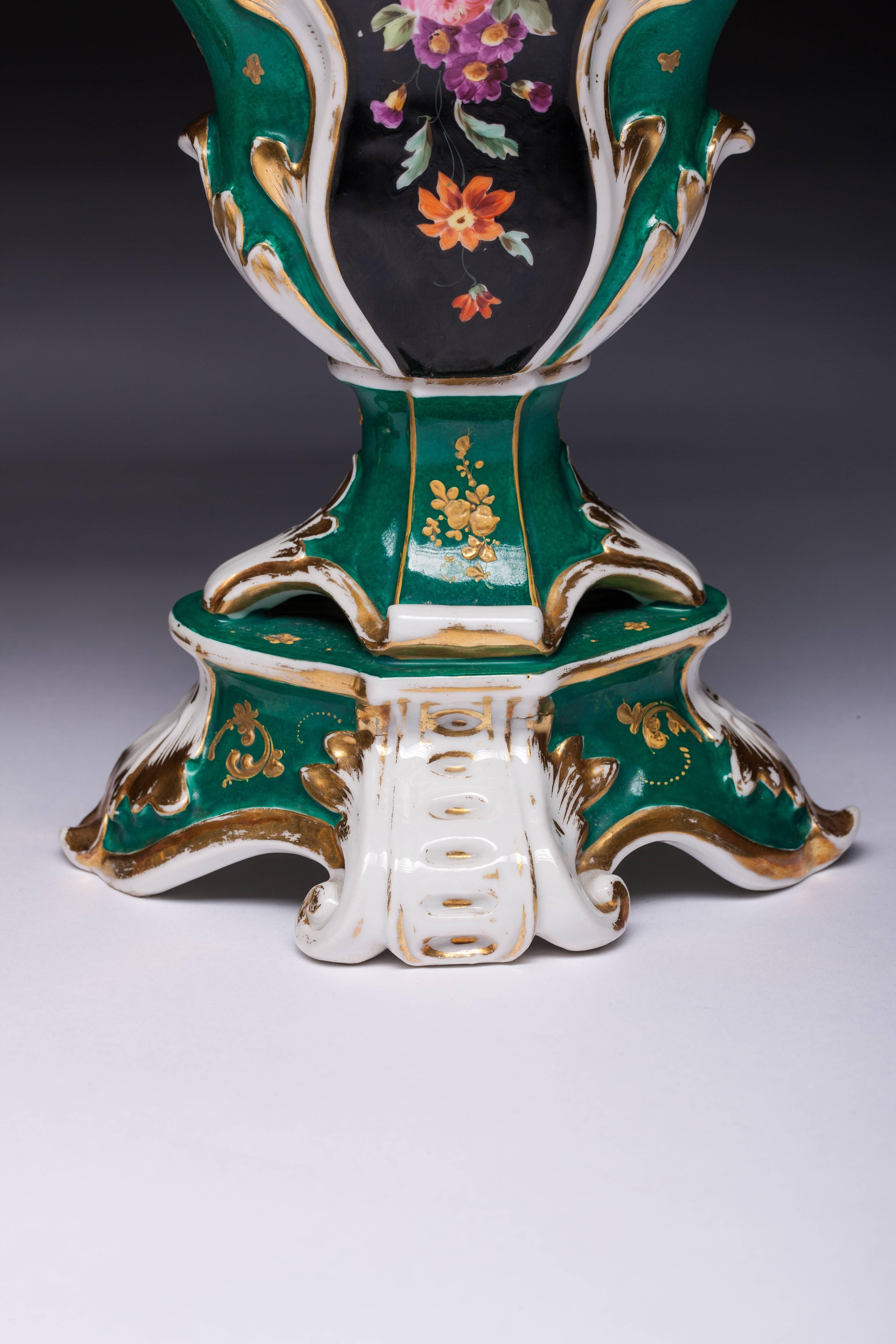 Pair of Old Paris Rococo Vases on Stands Green in Color For Sale at 1stDibs