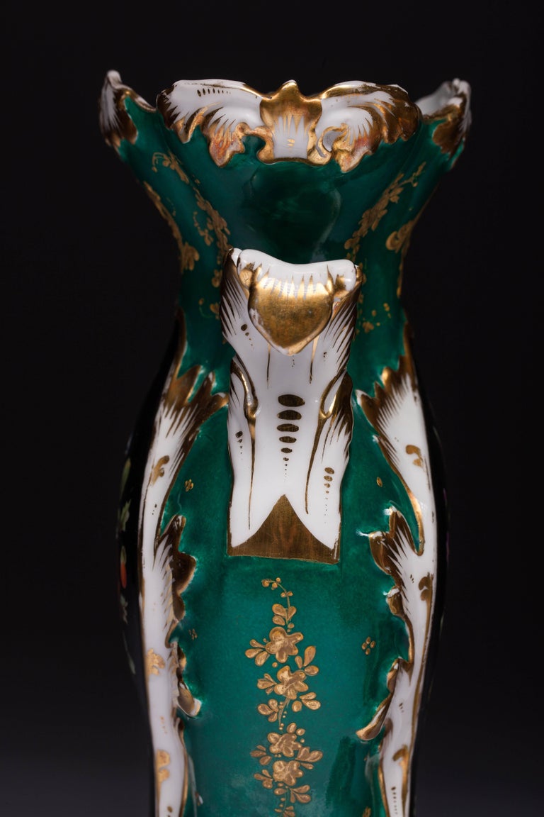Pair of Old Paris Rococo Vases on Stands Green in Color For Sale at 1stDibs