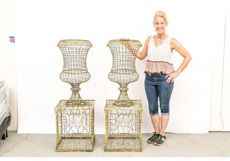 Pair of Older Painted Wire Garden Urns on Pedestals at 1stDibs