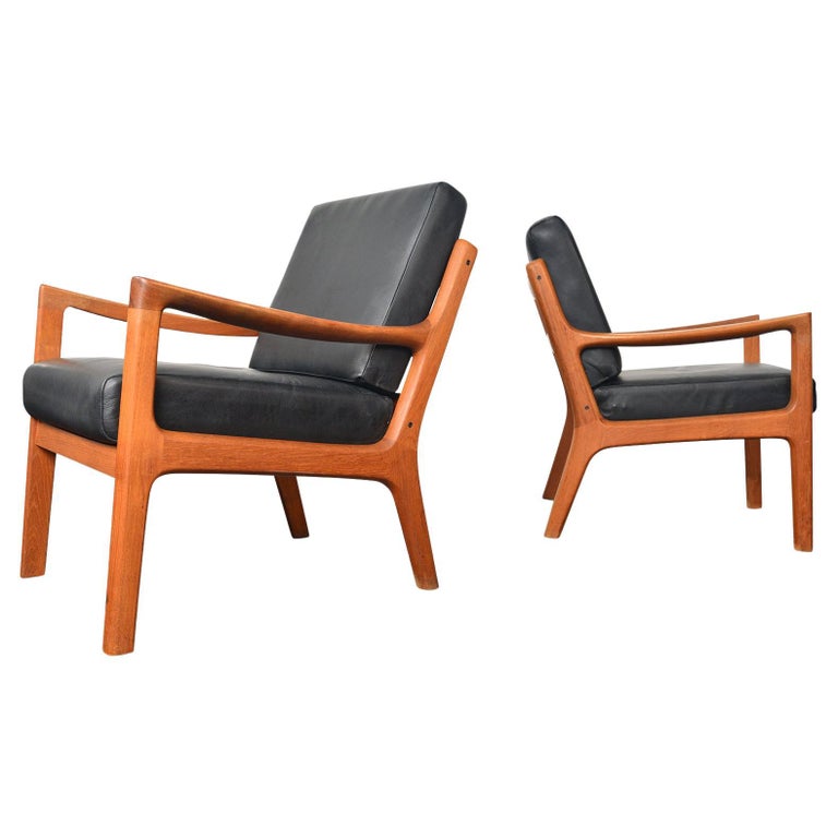 Pair of Ole Wanscher Senator Lounge Chairs in Teak + Black Leather #2 ...