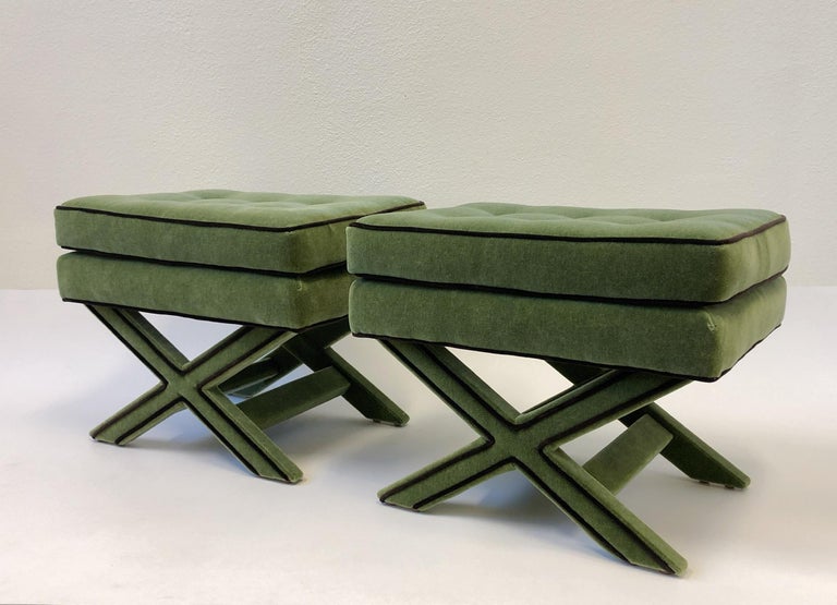 Pair of Olive Green and Brown Mohair X Base Ottomans by Billy Baldwin ...