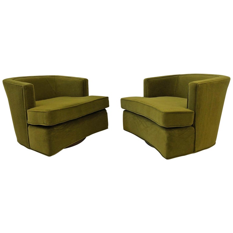 Pair of Olive Green Mohair Swivel Lounge Chairs by Harvey Probber at ...
