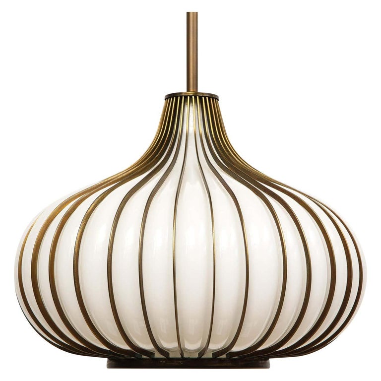 Pair of Onion Pendant Lamps, Brass, Glass, Lightcraft of California For ...