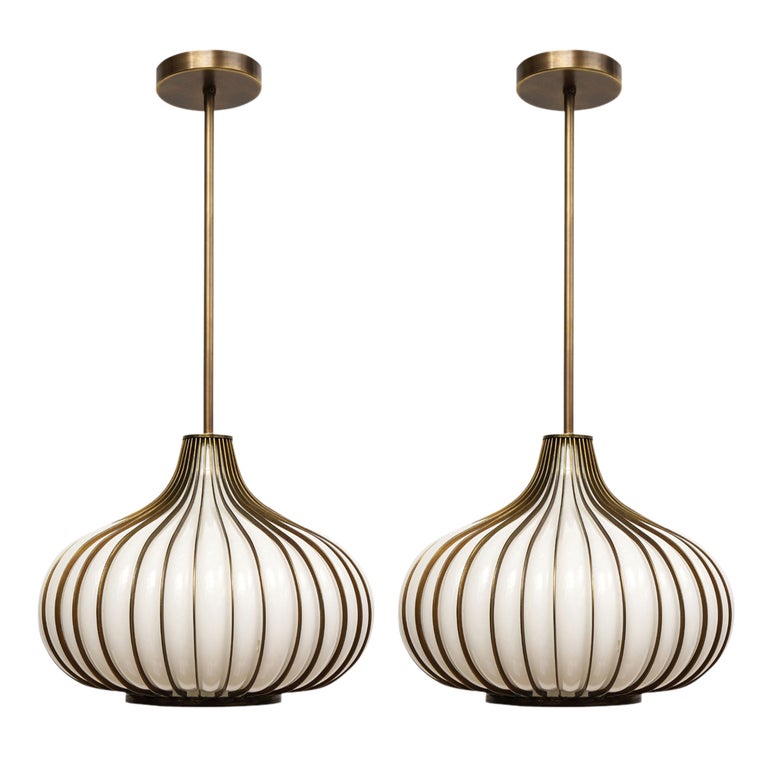 Pair of Onion Pendant Lamps, Brass, Glass, Lightcraft of California For ...