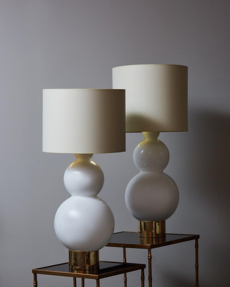 Pair of Opaline and Brass Table Lamps For Sale at 1stDibs