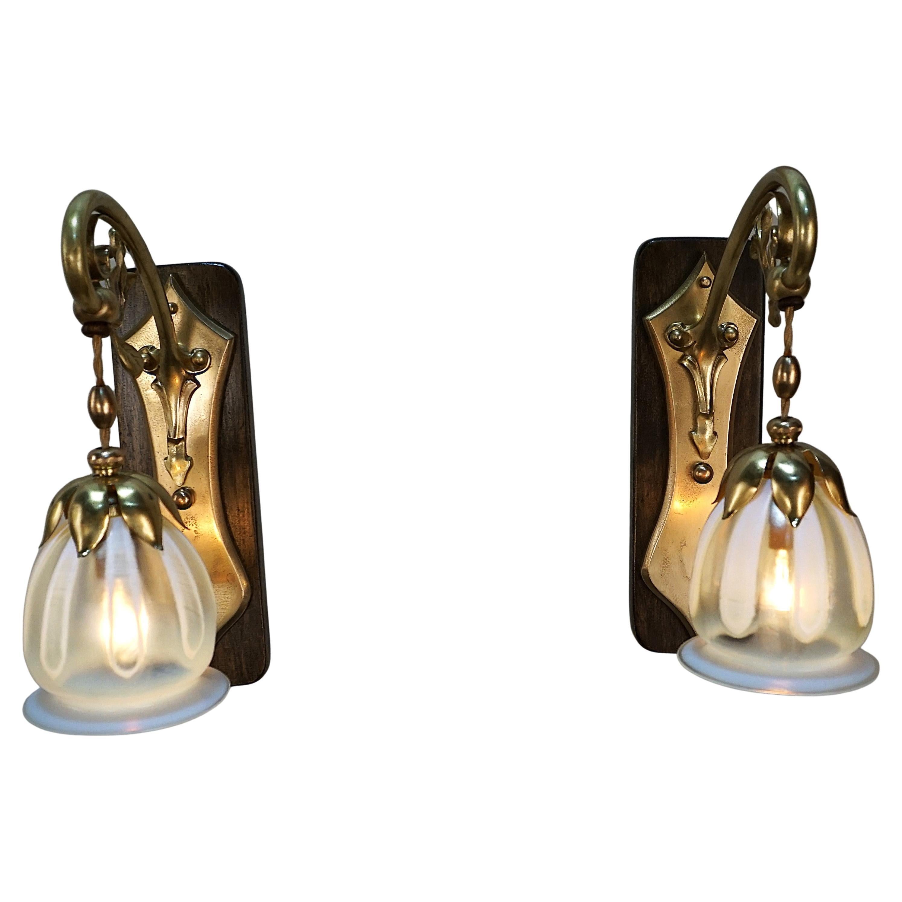 Exquisite Cast Copper Art Nouveau Wall Sconces and Blue Vaseline Glass ...