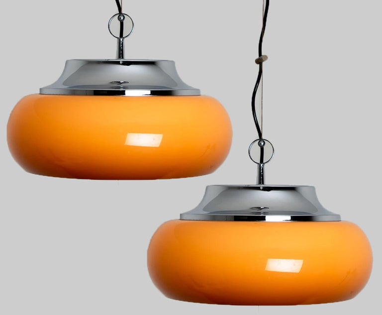 Pair of Orange and Chrome Pendant Lights by Harvey Guzzini, 1970s For ...