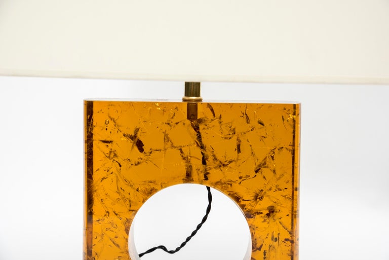 Pair of Orange Fractal Resin Square Table Lamps For Sale at 1stDibs