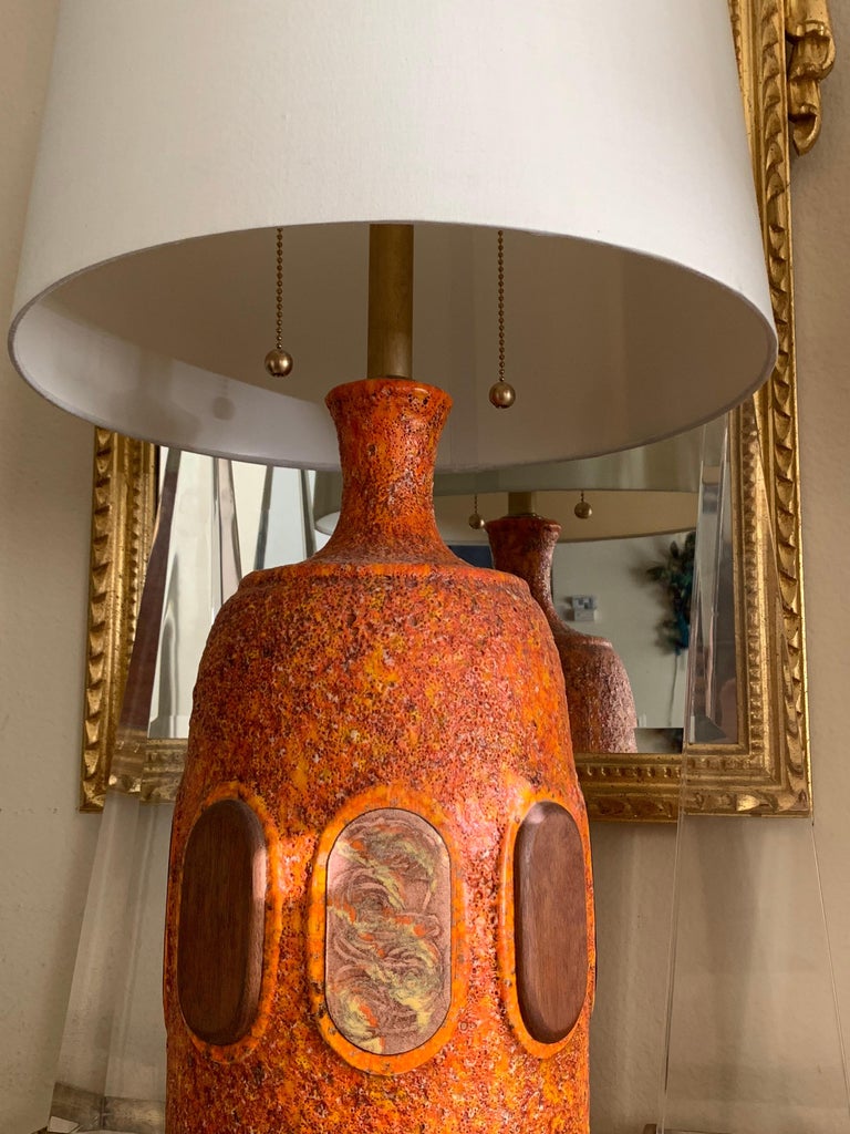 Pair of Orange Lava Glazed Ceramic Lamps For Sale at 1stDibs