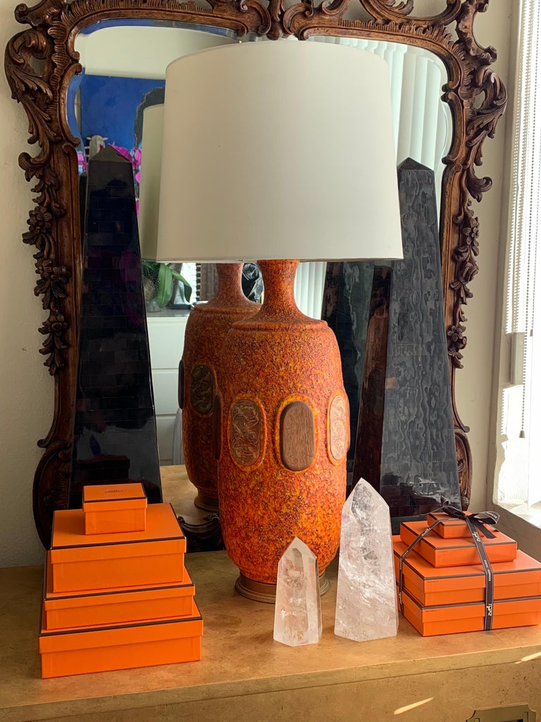 Pair of Orange Lava Glazed Ceramic Lamps For Sale at 1stDibs