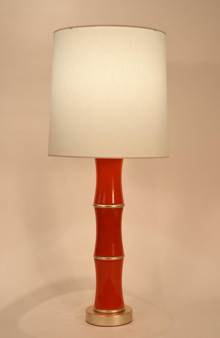 Pair of Orange Porcelain Table Lamp With Gold Wood Base at 1stDibs