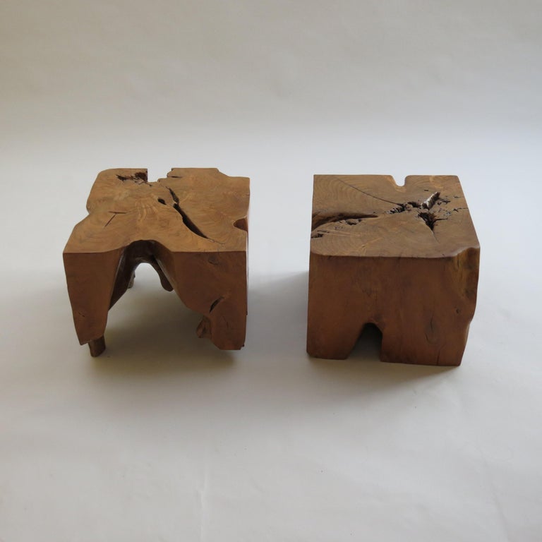 Pair of Organic Naturalistic Chunky Root Teak Cube Side Tables Nightstands at 1stDibs