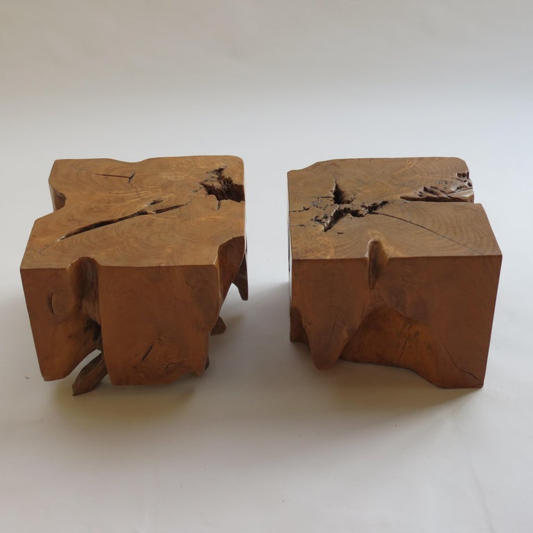 Pair of Organic Naturalistic Chunky Root Teak Cube Side Tables Nightstands at 1stDibs