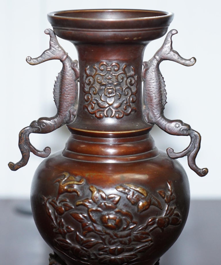 Pair of Oriental Bronze Urns Vases Bird Serpentine Decorations Chinese ...