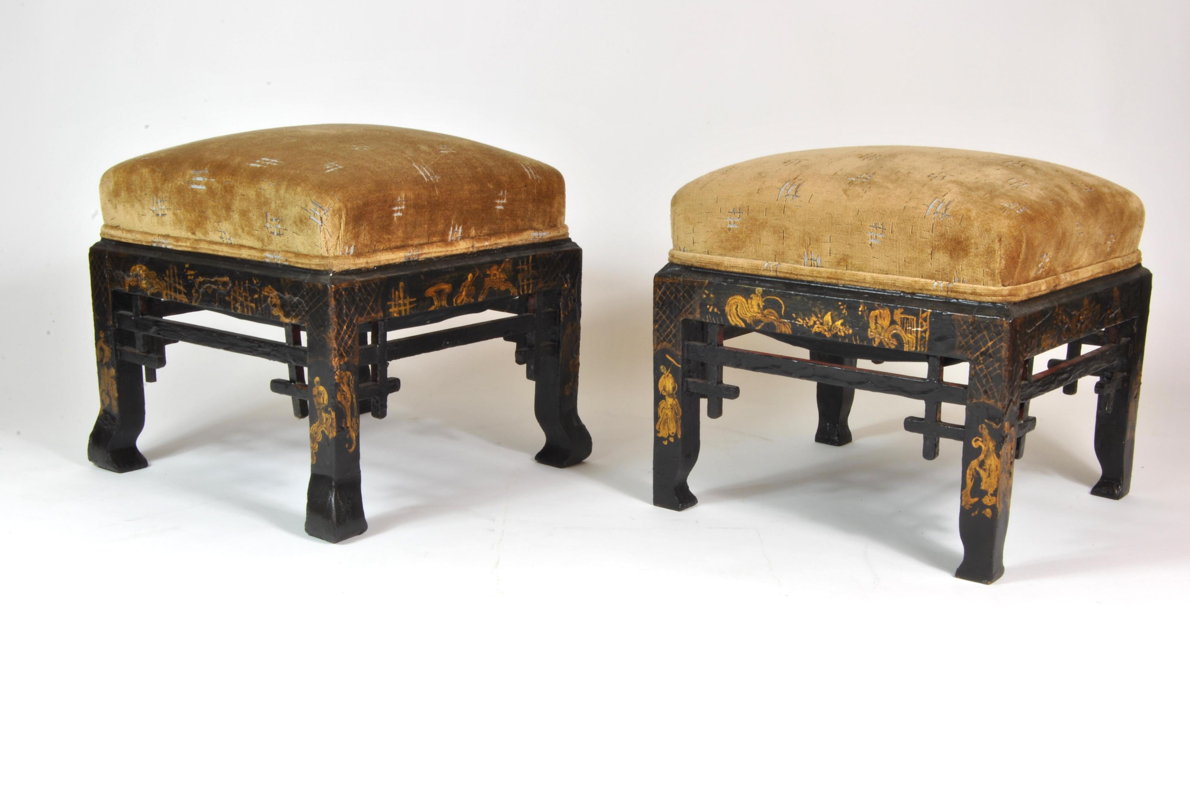 Pair of Oriental-Inspired Chinoiserie Poufs, France, Late 19th Century ...