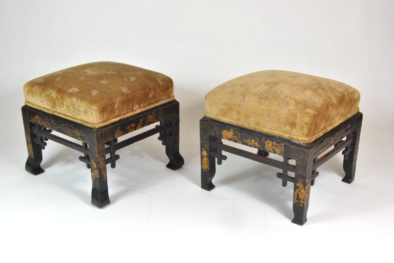 Pair of Oriental-Inspired Chinoiserie Poufs, France, Late 19th Century ...