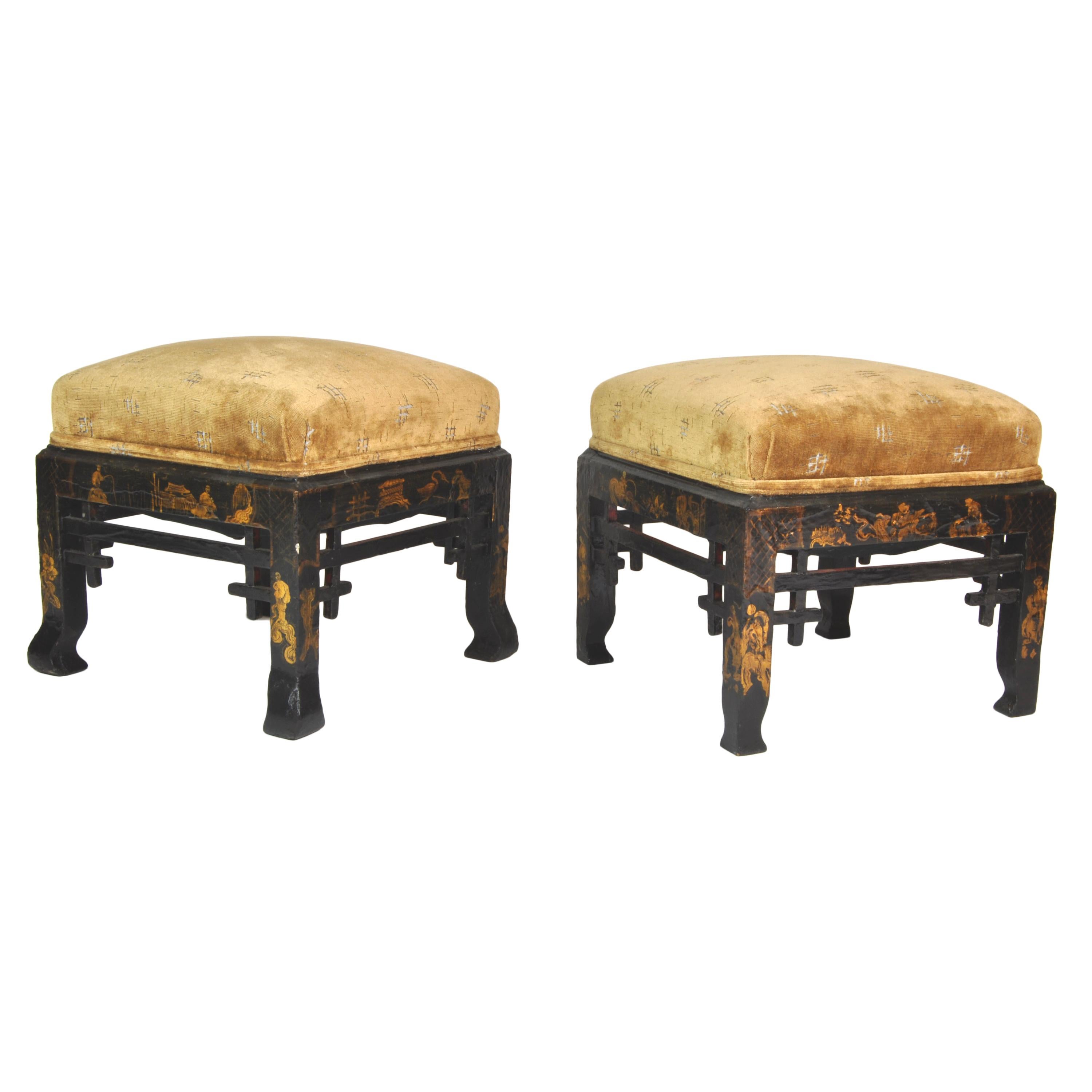 Pair of Oriental-Inspired Chinoiserie Poufs, France, Late 19th Century ...