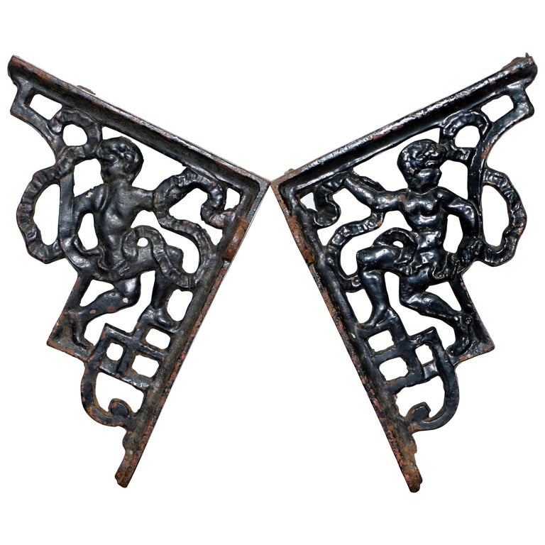 Pair of Original Cast Iron Antique Wall Shelf Brackets with Original ...