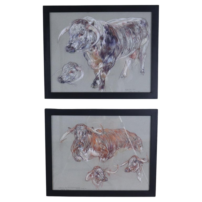 Pair of Original Cow Drawings in Pastel and Charcoal by Royal Academy ...
