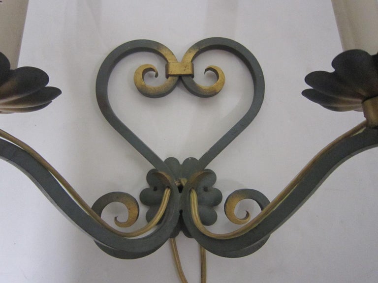 Pair of Original French Verde Green and Gilt Hand Forged Iron Sconces ...
