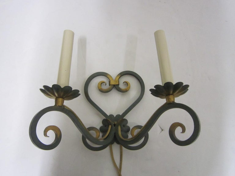 Pair of Original French Verde Green and Gilt Hand Forged Iron Sconces ...
