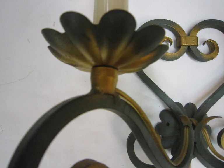 Pair of Original French Verde Green and Gilt Hand Forged Iron Sconces ...