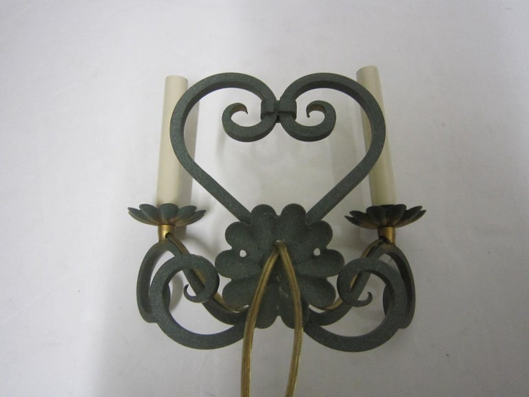 Pair of Original French Verde Green and Gilt Hand Forged Iron Sconces ...