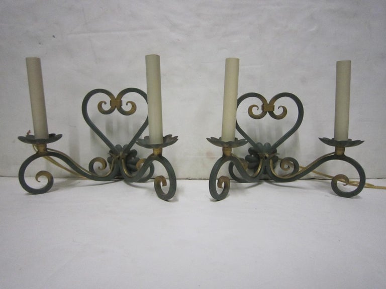 Pair of Original French Verde Green and Gilt Hand Forged Iron Sconces ...