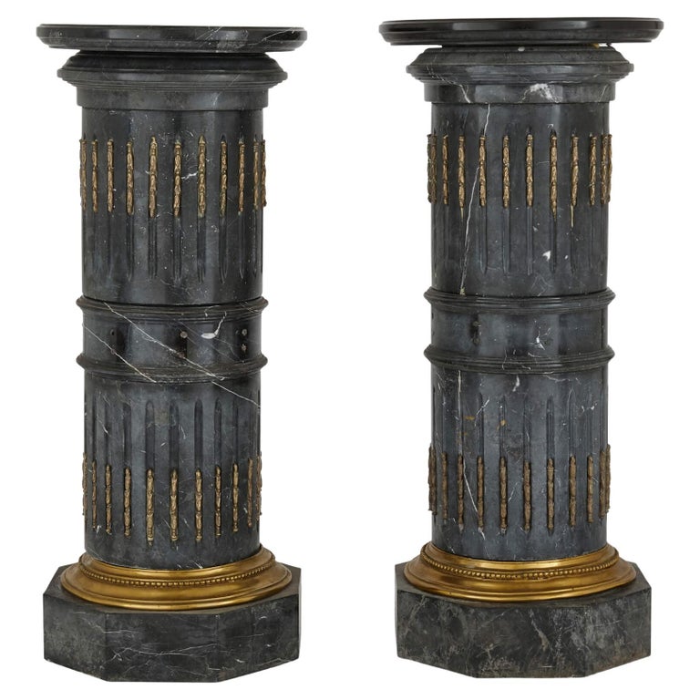 Pair of Ormolu-Mounted Black Marble Pedestals For Sale at 1stDibs