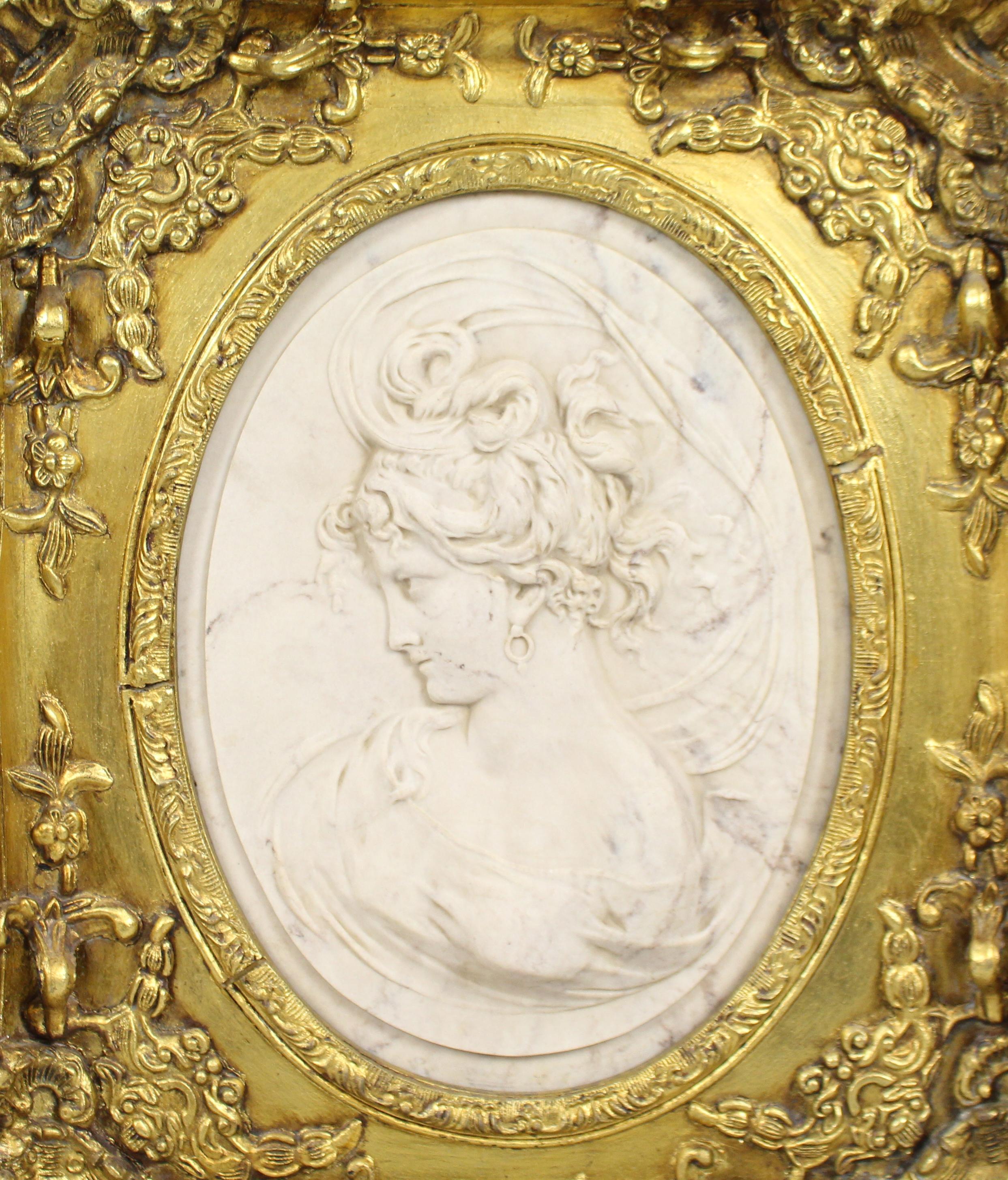 Pair of Ornate Decorative Gilt Framed Marble Relief Plaques For Sale at ...