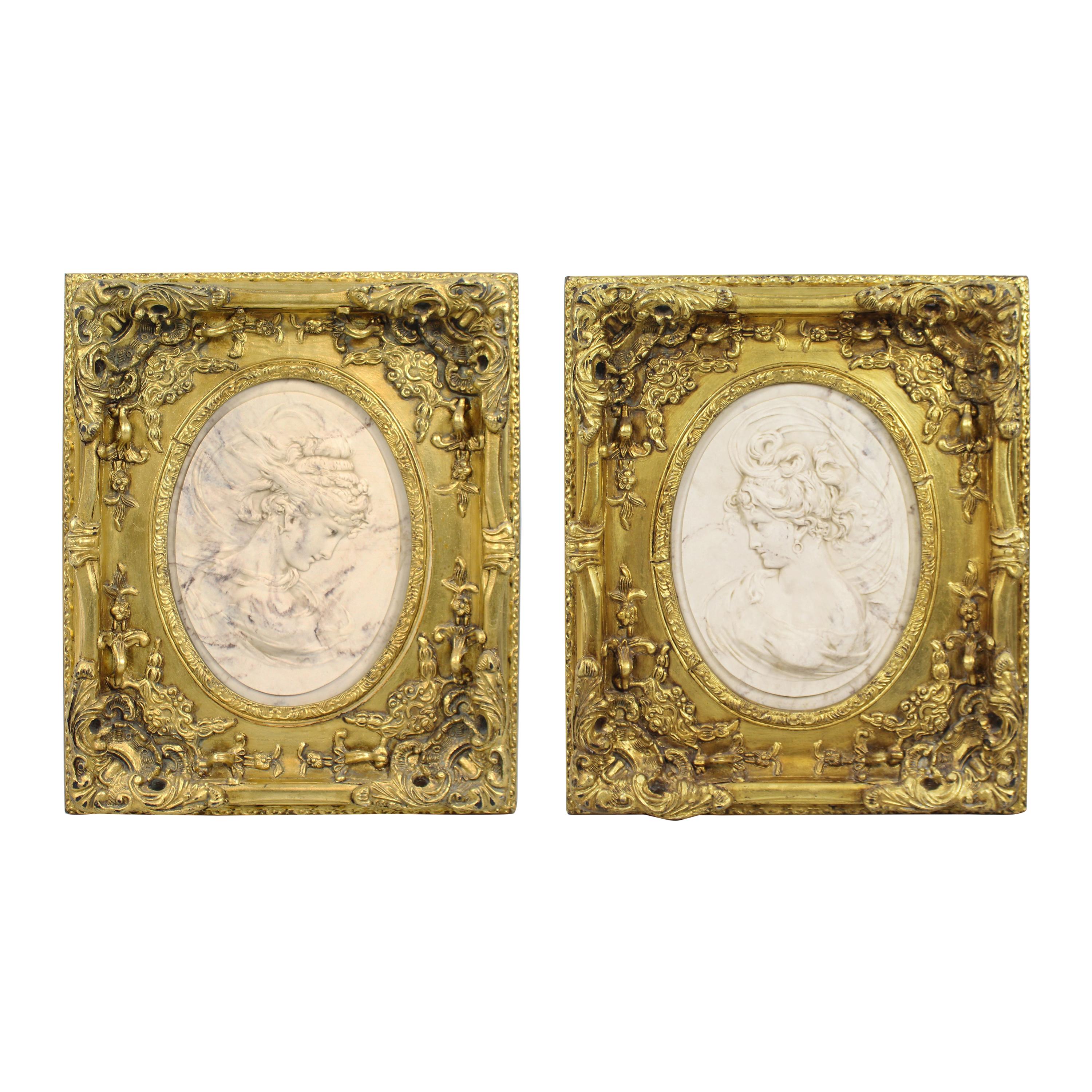 Pair of Ornate Decorative Gilt Framed Marble Relief Plaques For Sale at ...