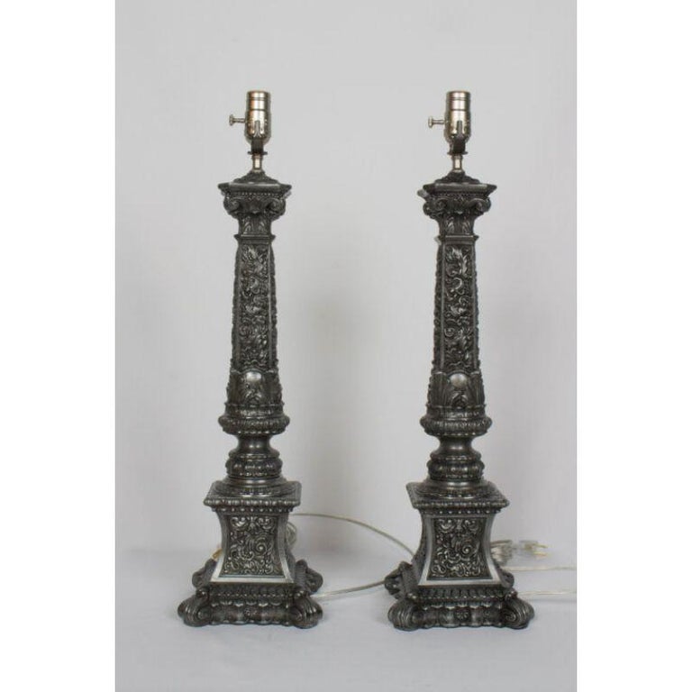 Pair of Ornate Pewter Colored Banquet Lamps For Sale at 1stDibs