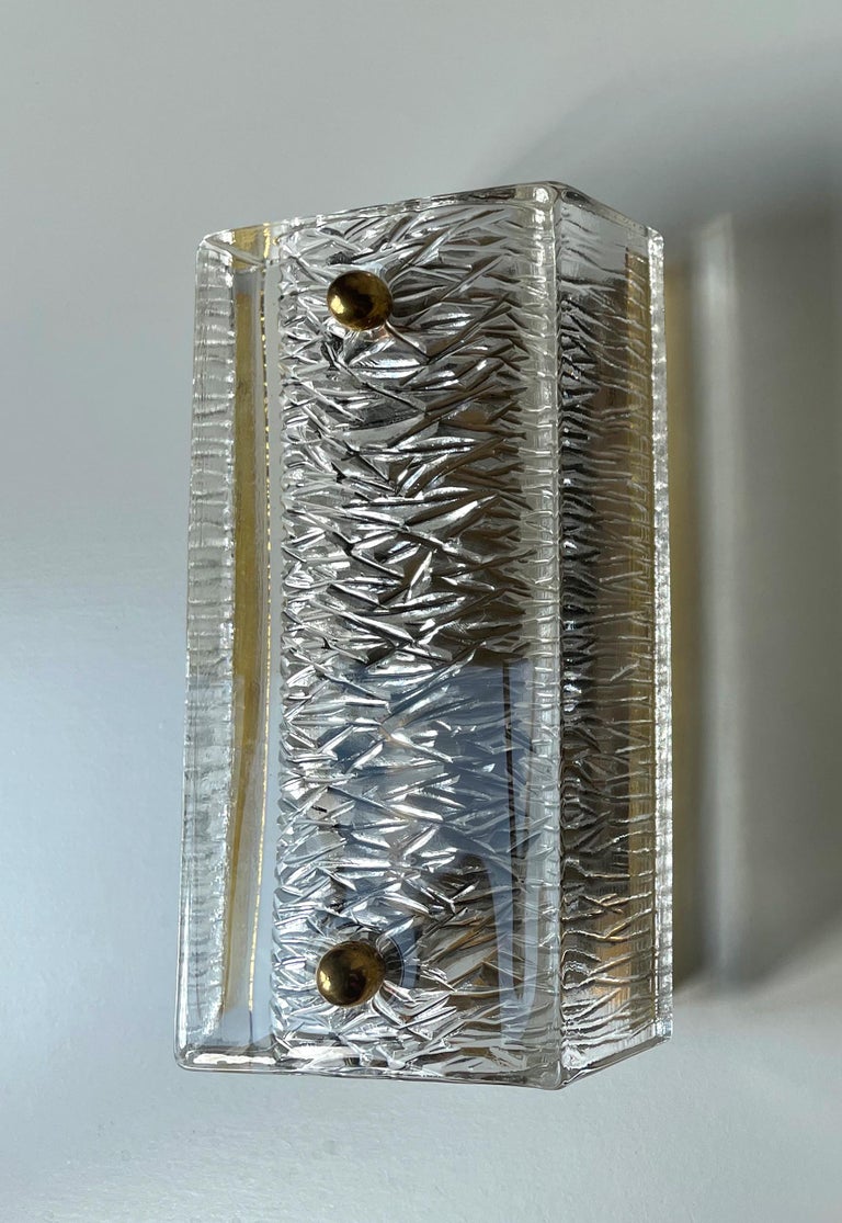 Pair of Orrefors Crystal Brass Rectangular Textured Wall Sconces, 1960s ...