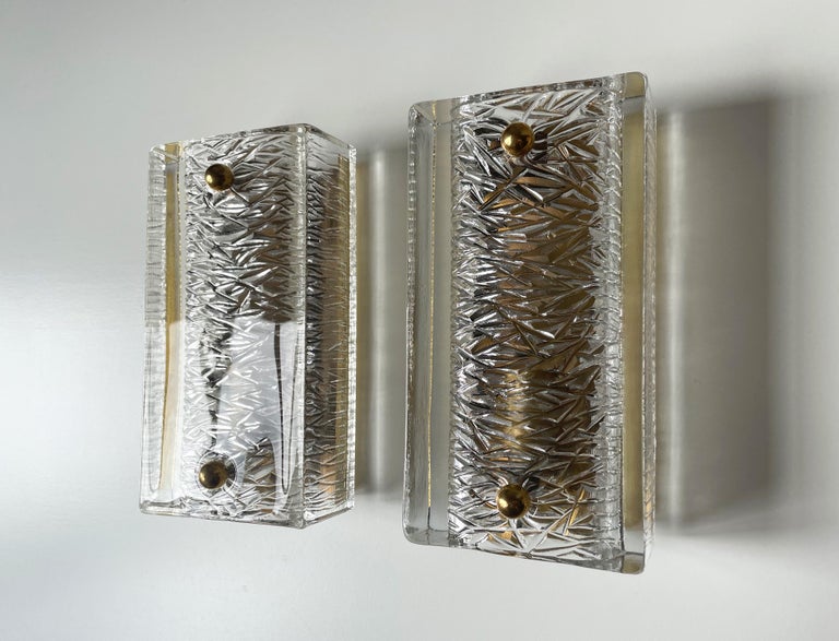 Pair of Orrefors Crystal Brass Rectangular Textured Wall Sconces, 1960s ...