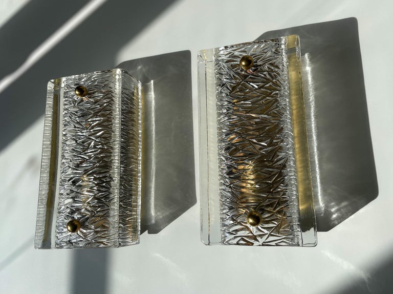 Pair of Orrefors Crystal Brass Rectangular Textured Wall Sconces, 1960s ...