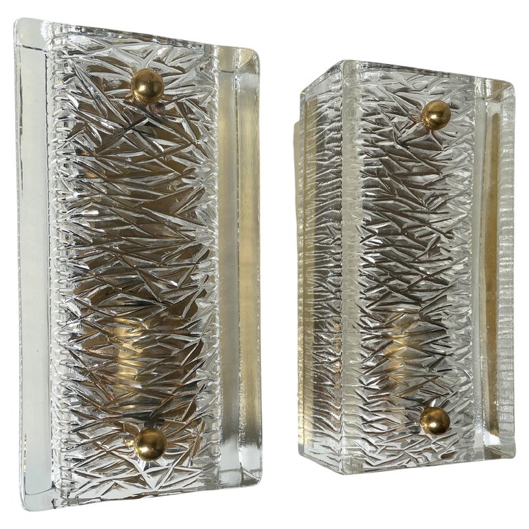 Pair of Orrefors Crystal Brass Rectangular Textured Wall Sconces, 1960s ...