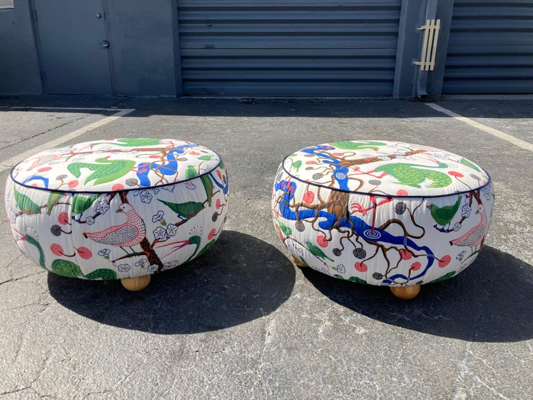 Pair of Ottomans, Josef Frank Fabric Green Birds, Stools For Sale at ...