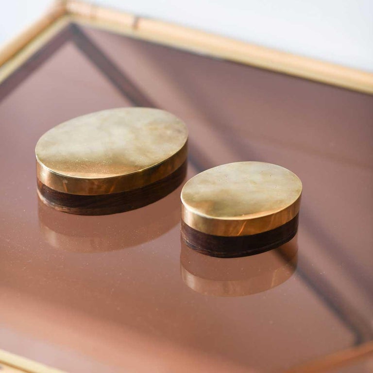 Pair of oval brass and wood boxes from the 1970s For Sale at 1stDibs