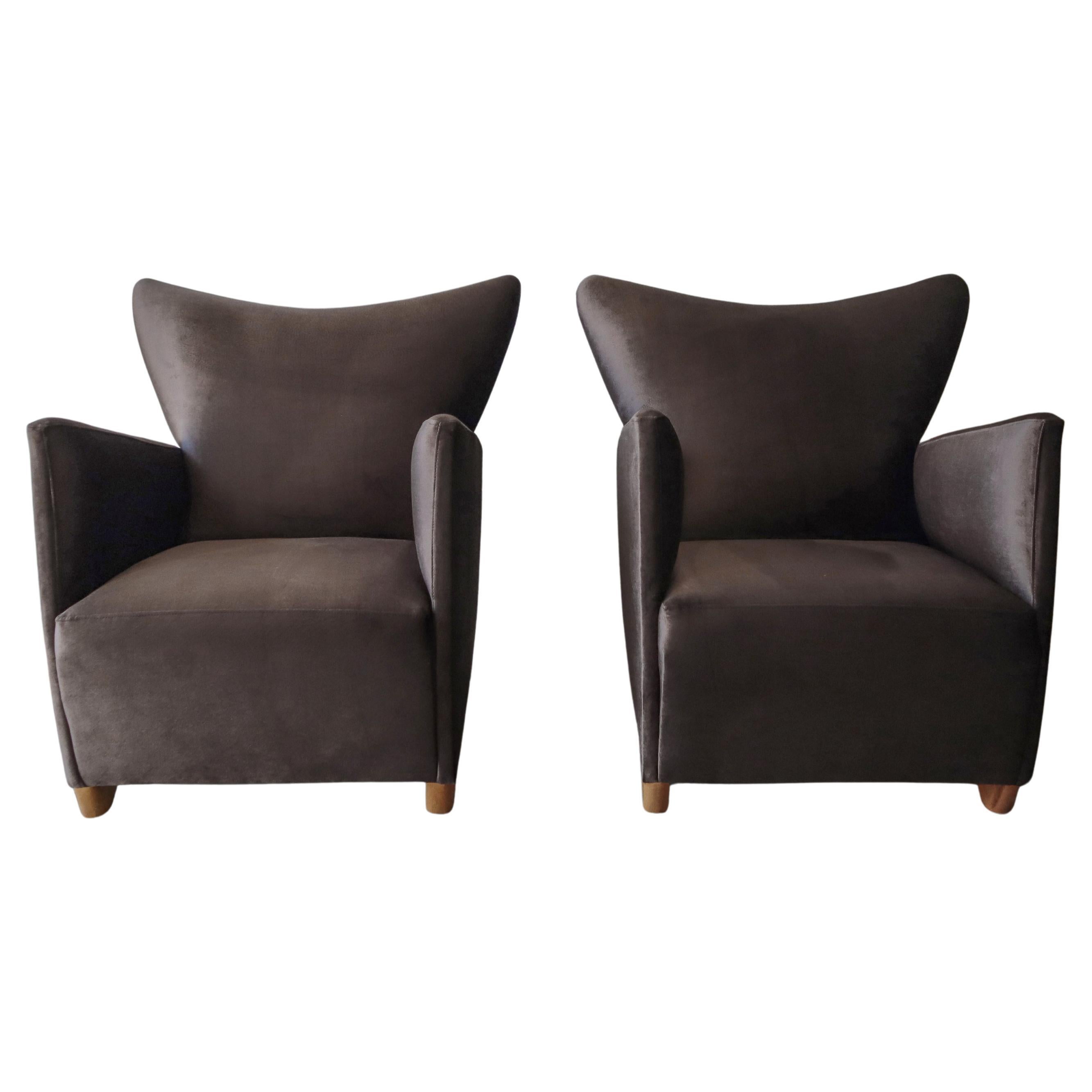 Pair of Oversized Art Deco Wingback Lounge Chairs For Sale at 1stDibs