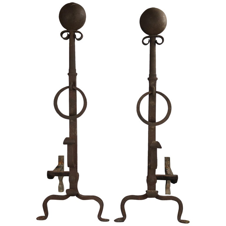 Pair of Oversized Arts and Crafts Wrought Iron Fireplace Andirons 19th ...