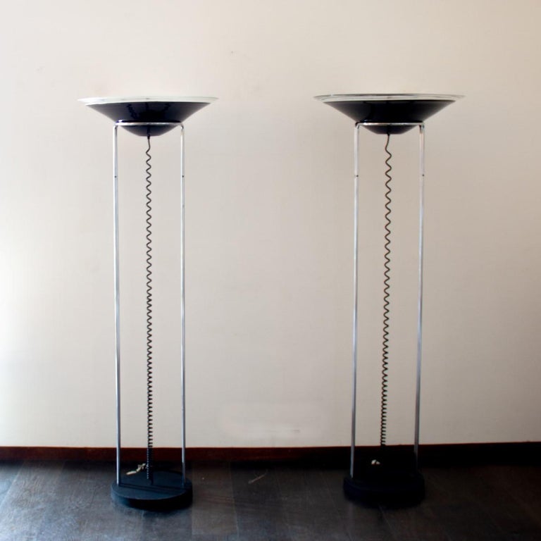 Pair of Chrome and Black Glass Uplighters 1960s For Sale at 1stDibs