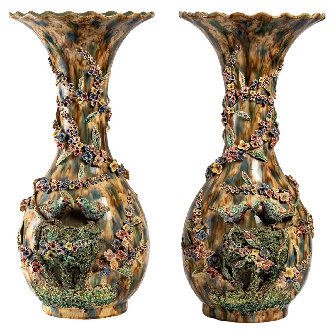Pair of Antique French Barbotine Vases by Theodore LeFront at 1stDibs