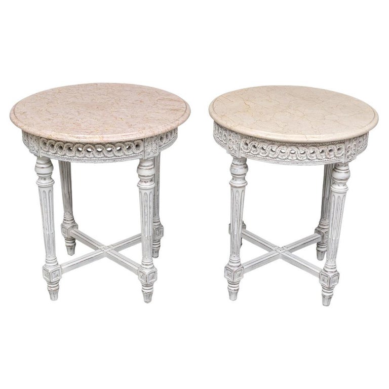 Pair of Paint Decorated Round Side Tables with Marble Tops For Sale at ...